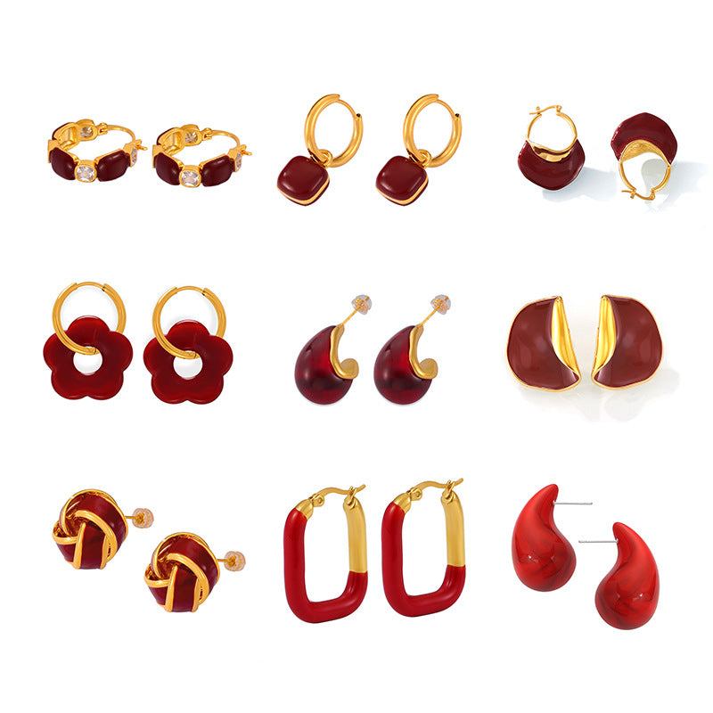 18K Gold PVD Geometric Red Enamel Drop Earrings | Miduoduo ...